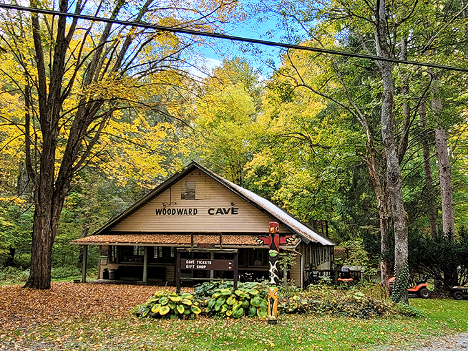 Fall foliage frames the rustic ticket building like Mother Nature's welcome mat – a humble prelude to the underground spectacle waiting below.