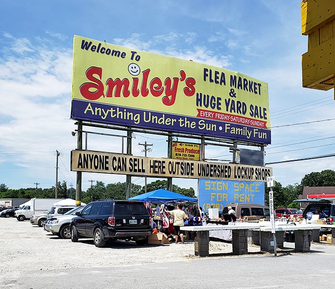 "Anything Under the Sun" isn't hyperbole at Smiley's—it's inventory. The sign beckons with a cheerful grin that perfectly matches the mood inside.