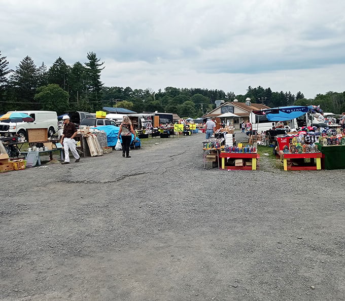 The thrill of the hunt unfolds beneath Pocono skies, where rows of vendors create temporary neighborhoods of possibility on this gravel canvas.