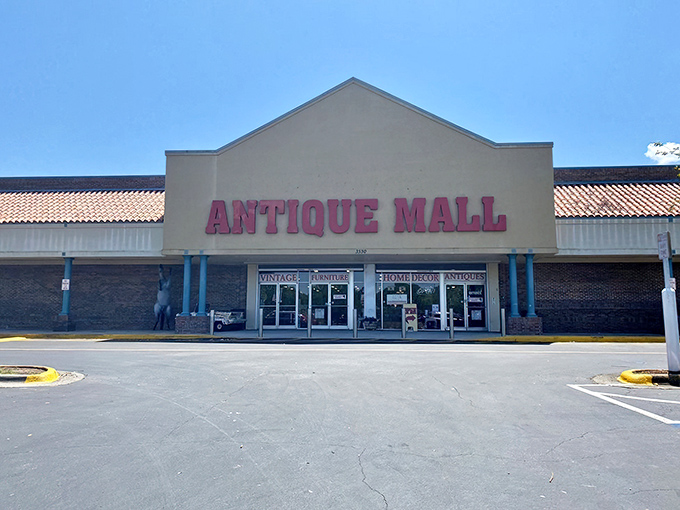 Blue skies and red lettering welcome treasure hunters to this Lakeland institution. The parking lot's emptiness is deceptive—inside awaits a bustling universe of collectibles.