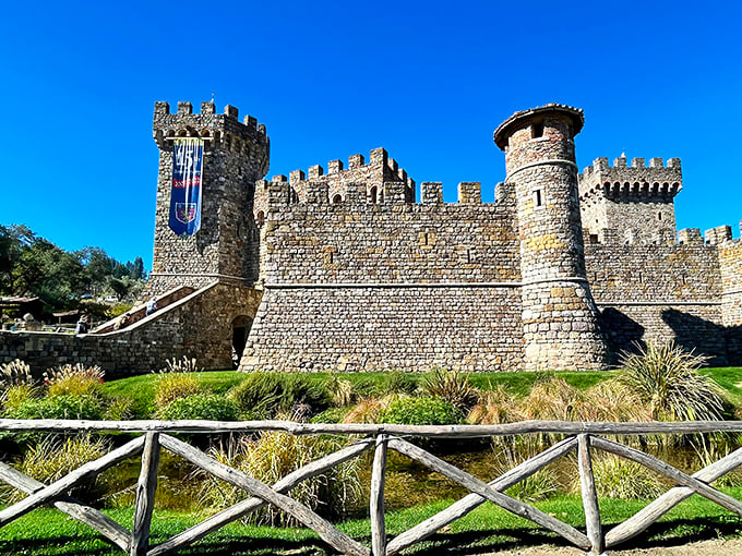 Medieval meets Napa as imposing stone towers stand guard over rows of grapevines. No dragons spotted yet, but the day is young.