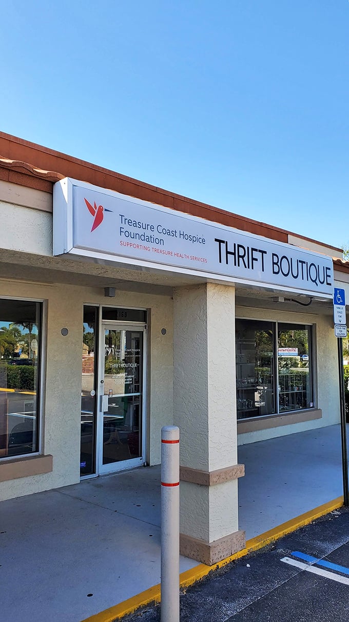 The entrance might be unassuming, but it's like the wardrobe to Narnia for thrift shoppers—magical finds await just beyond those doors.