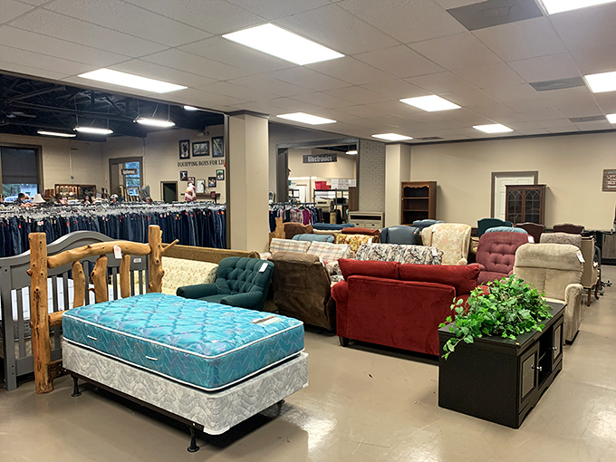 Furniture paradise awaits! That teal mattress might just be the pop of color your guest room has been secretly begging for.