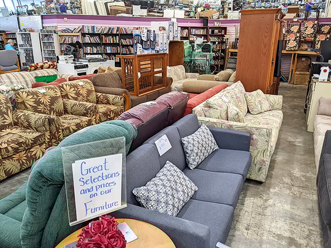 A furniture showroom that rivals IKEA—if IKEA had a section called "Your Grandma's Living Room Greatest Hits." That teal couch is practically begging for a second chance at love.