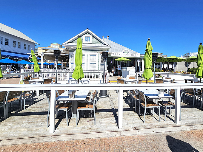 This breezy outdoor dining setup at Great Southern Cafe is what vacation dreams are made of. Those lime-green umbrellas aren't just for show—they're beacons for hungry beach-goers.