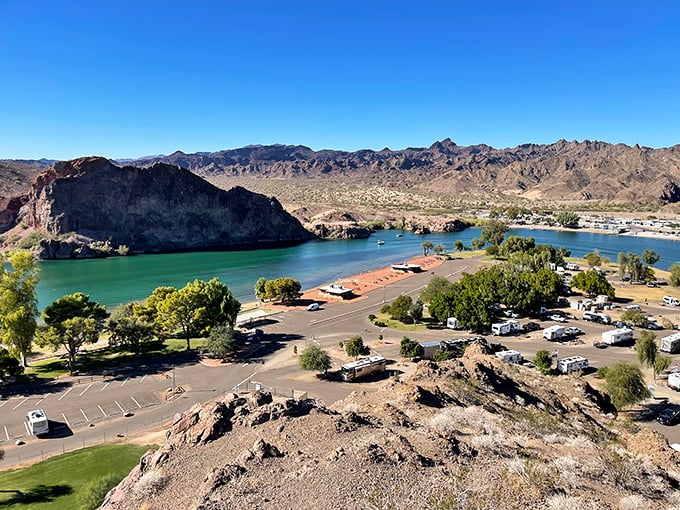 Bird's eye bliss! The campground nestles between rugged mountains and the meandering Colorado River like nature's perfect sandwich.