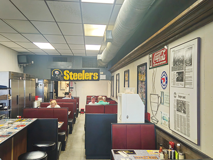 Red vinyl booths, Steelers pride, and the promise of honest food – this is Pittsburgh breakfast culture distilled to its essential, comforting elements.