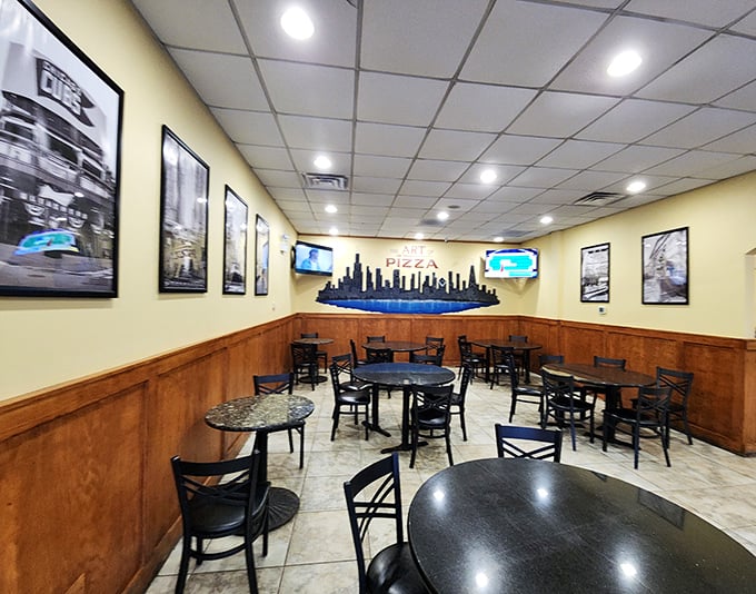 Wood paneling and Chicago skyline art create the perfect no-frills backdrop for pizza perfection. This isn't about the decor—it's about the dough. 