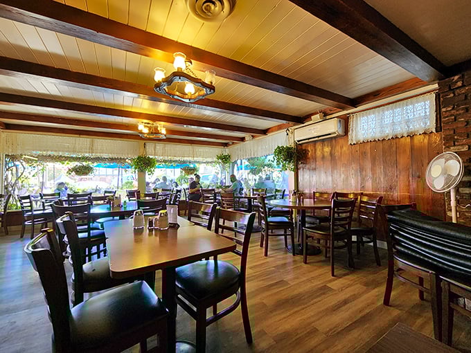 Warm wood paneling and exposed beams create that perfect "hygge" feeling—the Danish concept of coziness that pairs beautifully with pancakes and coffee.