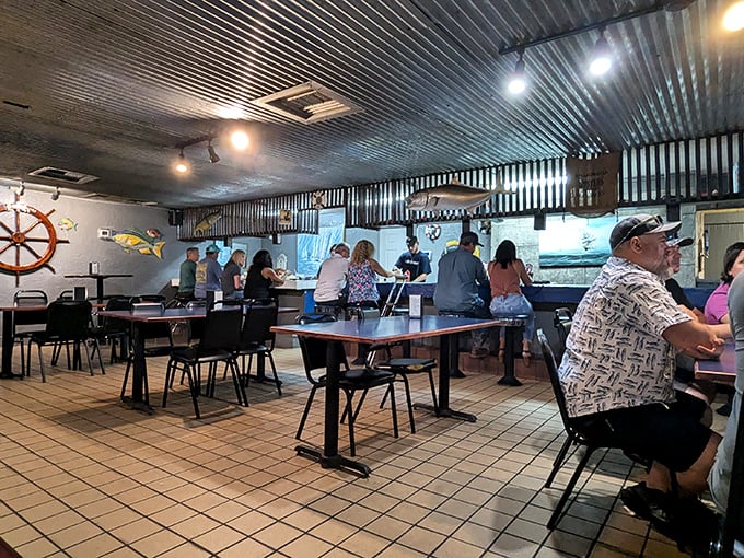 No white tablecloths here—just honest nautical charm, corrugated metal ceilings, and the promise of seafood that doesn't need fancy surroundings to impress.