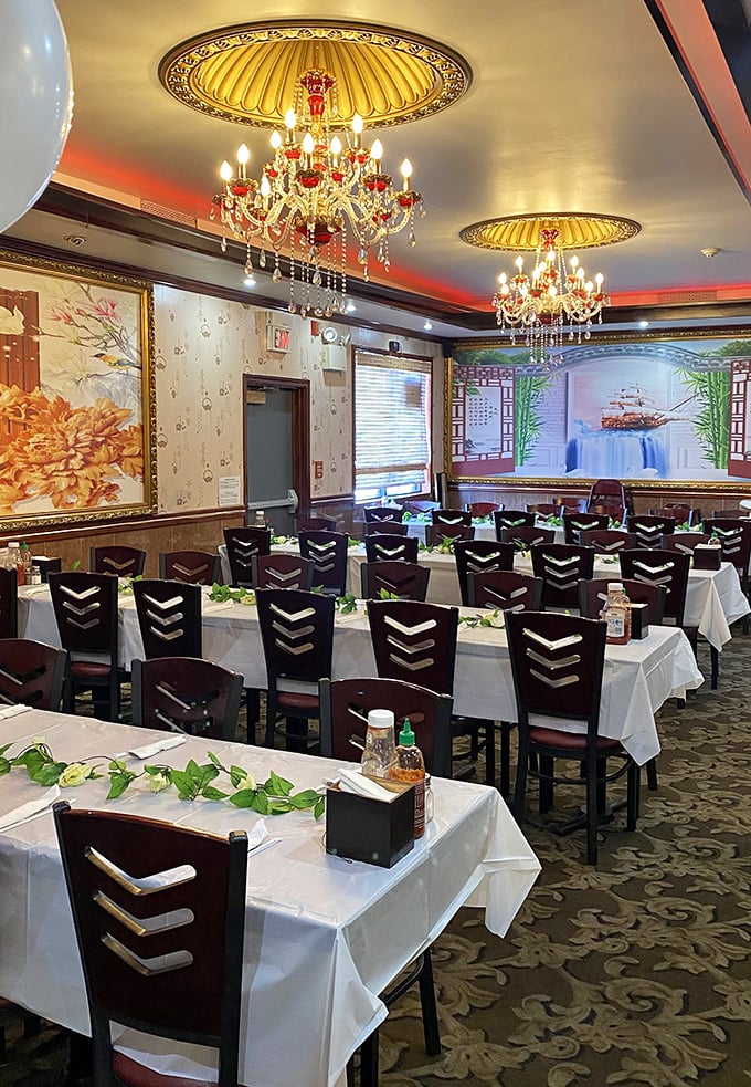 Crystal chandeliers and elegant décor create an unexpected atmosphere of grandeur. Who knew a buffet could feel like dining in a palace?