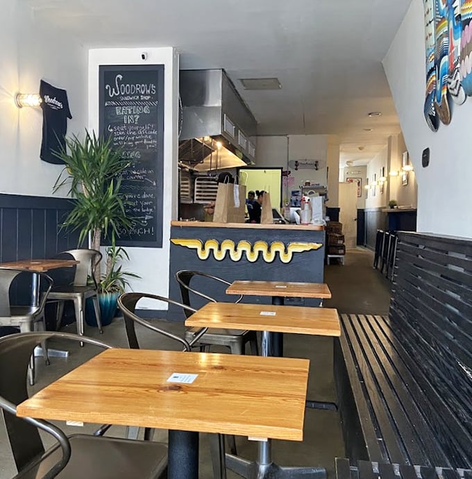 Simple wooden tables, metal chairs, and a chalkboard menu—Woodrow's skips the frills and focuses on what matters: sandwich perfection.