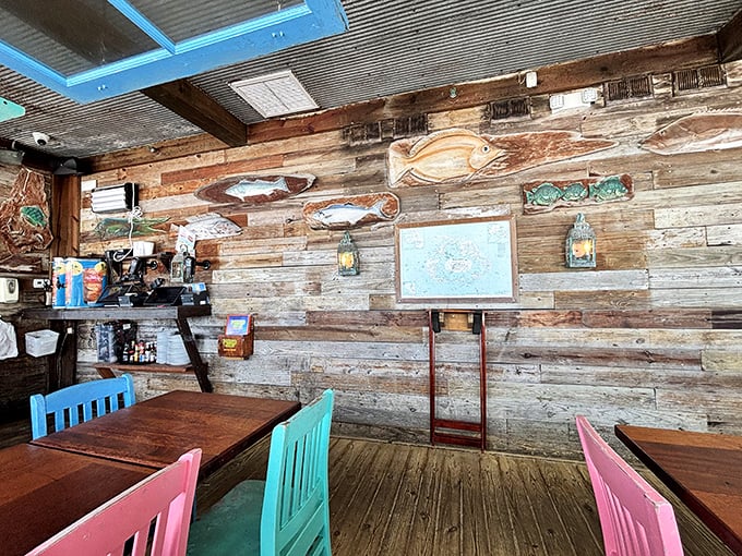 Rustic wooden walls adorned with colorful fish tell you this isn't some corporate seafood chain—this is the real Florida, where the decor has stories to tell.