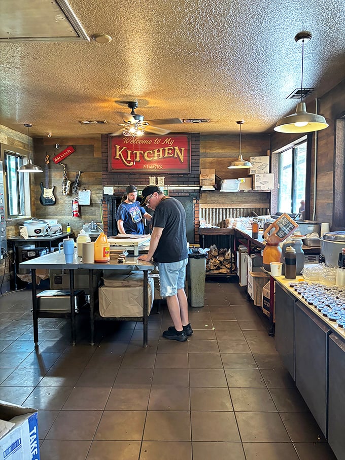 "Welcome to My Kitchen" isn't just a sign—it's a philosophy. This no-frills prep area is where smoke meets meat in a beautiful dance of flavor.