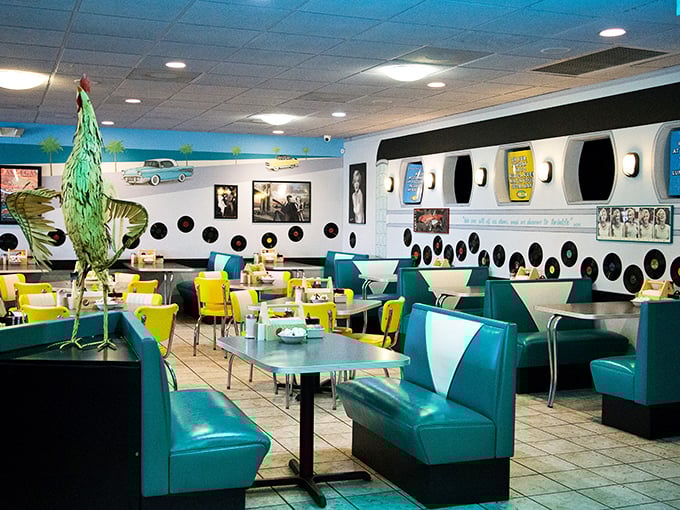 Step inside and you're transported to a bygone era where turquoise booths, vinyl seats, and vintage memorabilia create the perfect backdrop for morning conversations and coffee refills.