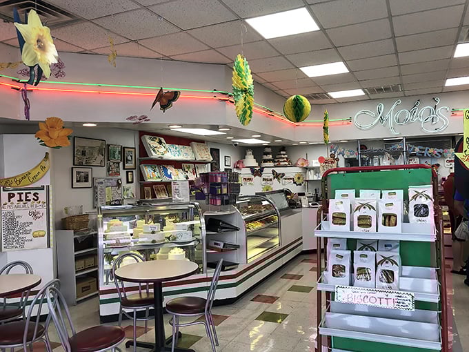 Step inside and time stands still – the classic checkerboard floor, vintage display cases, and festive decorations create that rare "grandma's kitchen" feeling that no corporate chain can replicate. 