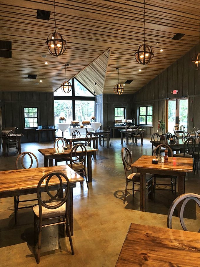 Cathedral ceilings, globe lighting, and wooden tables that whisper "stay awhile." This isn't just dining—it's a retreat from the ordinary that happens to serve extraordinary food.