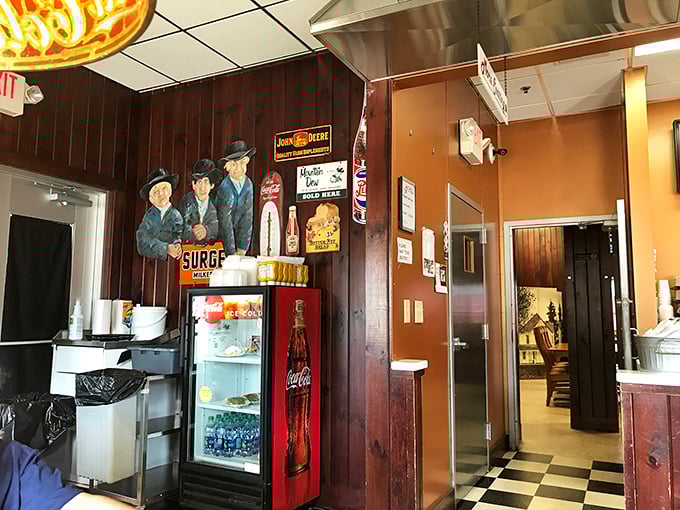 Nostalgia isn't manufactured here—it's marinated for decades. Wood paneling and vintage signs create the backdrop for conversations that matter.