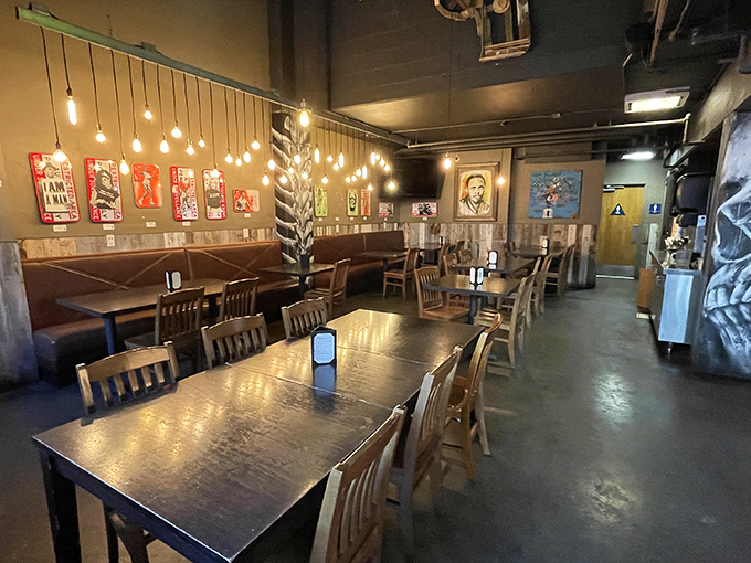 String lights cast a warm glow over wooden tables where burger dreams come true. This isn't just dining—it's a California comfort ritual.