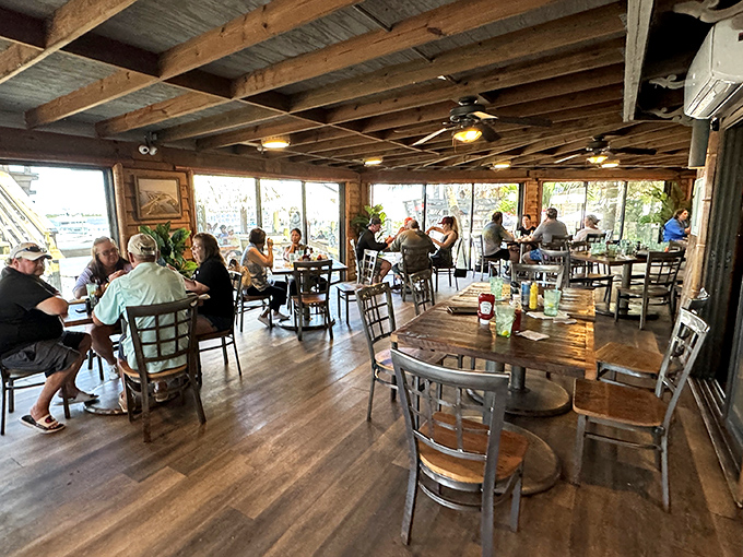 Rustic wooden beams and natural light transform a simple meal into an experience. Like dining in a stylish treehouse built for grown-ups.