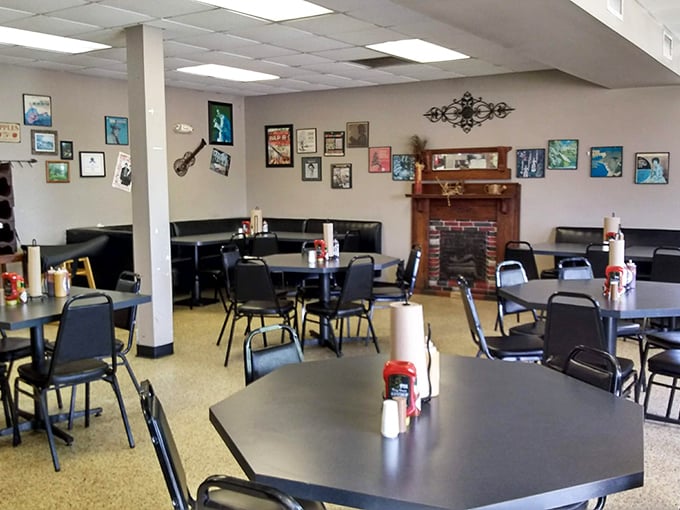 No Edison bulbs or reclaimed wood here—just honest tables, local art, and a fireplace that says, "Stay awhile, the brisket's worth it."