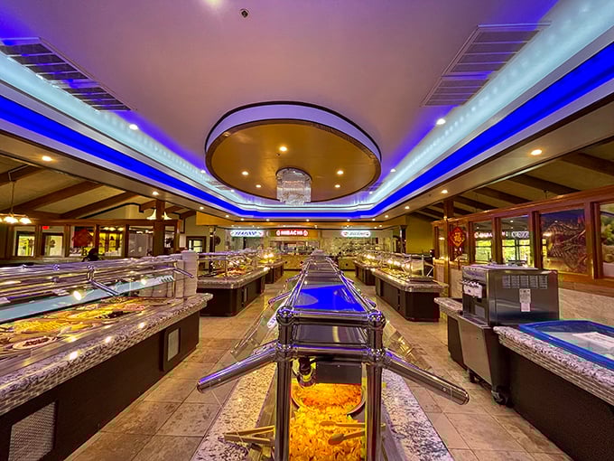 Blue LED lighting transforms an ordinary ceiling into something magical. It's like dining under a sapphire sky where calories don't count.