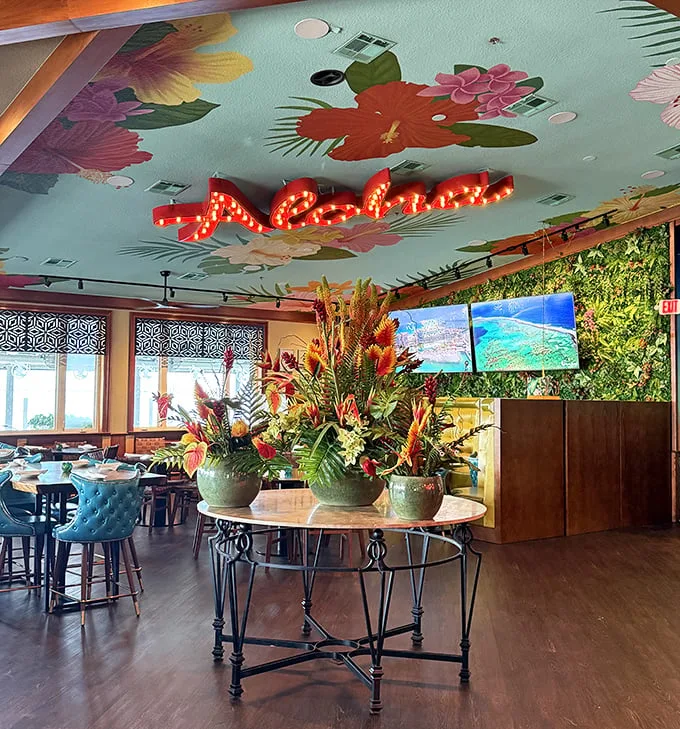 Step inside and suddenly you're in Hawaii! That "Aloha" sign isn't just decoration—it's a promise of the tropical escape awaiting your taste buds.