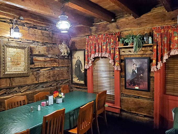 Original log walls frame portraits of Abraham Lincoln, who once stopped here. Dining in this room feels like stepping into a delicious time capsule.