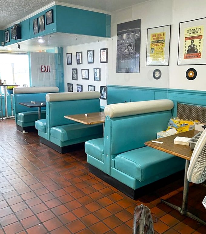 Those turquoise vinyl booths aren't just comfortable—they're front-row seats to a bygone era where conversation trumped smartphone scrolling.
