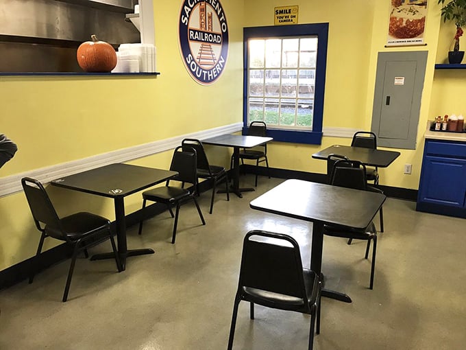 Bright yellow walls and simple tables prove great food doesn't need fancy surroundings to shine.