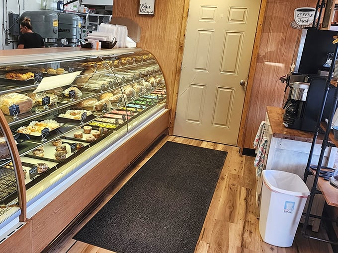 That display case isn't just showing pastries—it's exhibiting edible art. Each shelf tells a different delicious story.