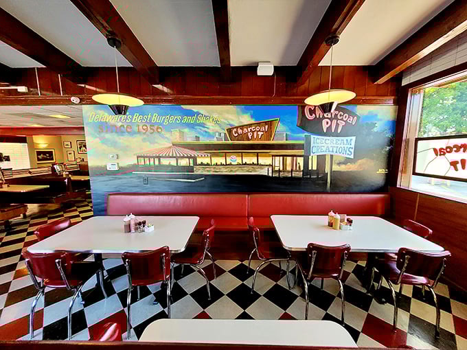 Classic red vinyl booths and checkerboard floors transport you to simpler times. This isn't manufactured nostalgia—it's the real deal that chains try desperately to replicate.