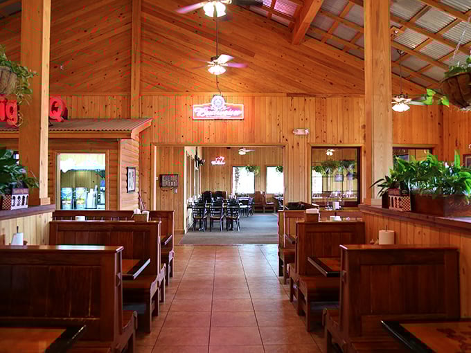Step inside and you're embraced by warm wood tones everywhere. It's like dining in a cozy cabin where calories don't count.