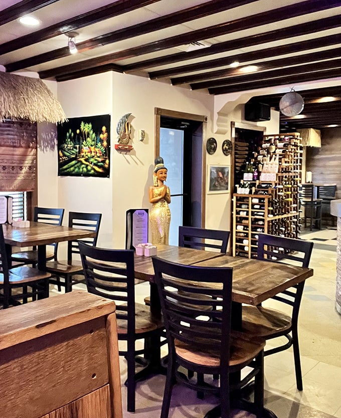 Step inside and the transformation is immediate—wooden beams, traditional artwork, and a welcoming Thai statue create an atmosphere that's thousands of miles from Ohio.