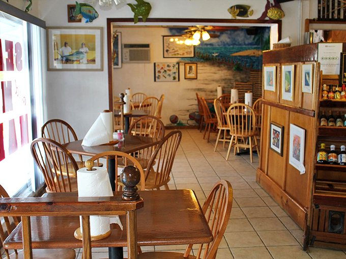 Wooden chairs, nautical decor, and that unmistakable Keys vibe—this dining room feels like the captain's quarters of a particularly delicious fishing vessel.