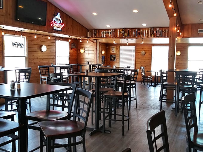 Warm wood paneling and string lights create that perfect "come as you are" atmosphere where memorable meals and conversations naturally flow.