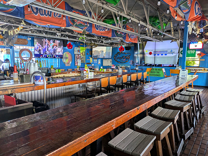 The bar area feels like a Jimmy Buffett song come to life – colorful, laid-back, and promising good times with every wooden stool.