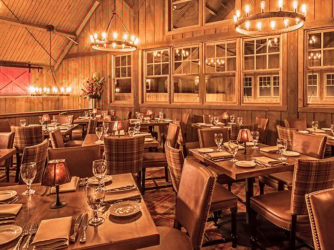 Rustic elegance defined: wooden beams, circular chandeliers, and plaid upholstery create an atmosphere where Paul Bunyan would feel comfortable ordering the tasting menu.