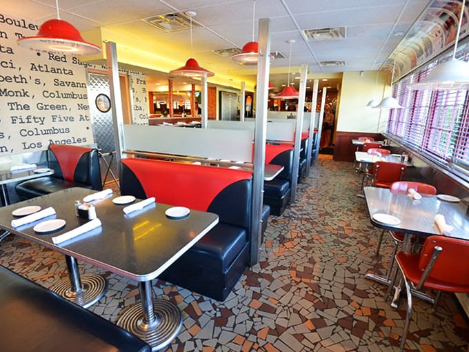Classic red vinyl booths and retro tables create that perfect "where everybody knows your name" vibe, minus Norm and Cliff.