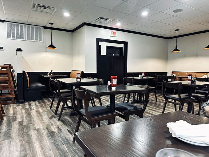 Clean lines and understated elegance define the dining room, where conversations flow as smoothly as the service. No distractions from the main event: the food.