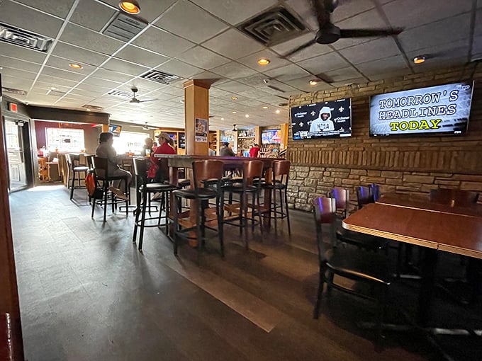 Stone walls and wooden accents create that perfect "I'm definitely ordering dessert" atmosphere. Sports on screens, comfort on plates.