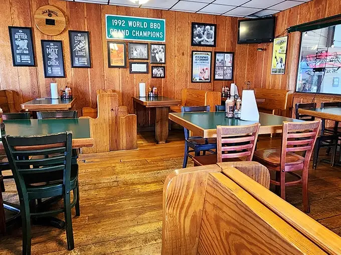 Trophy-lined walls tell stories of barbecue glory. That "1992 World BBQ Grand Champions" sign isn't just decoration—it's a promise.