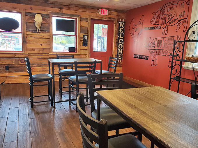 Rustic wooden walls meet that iconic meat-cut diagram – this isn't interior decorating, it's a delicious educational experience waiting to happen.
