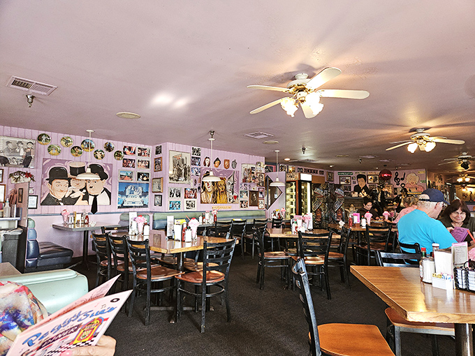 Step inside and you're transported to the golden age of American diners—pink walls adorned with Hollywood legends watching over your meal like old friends.