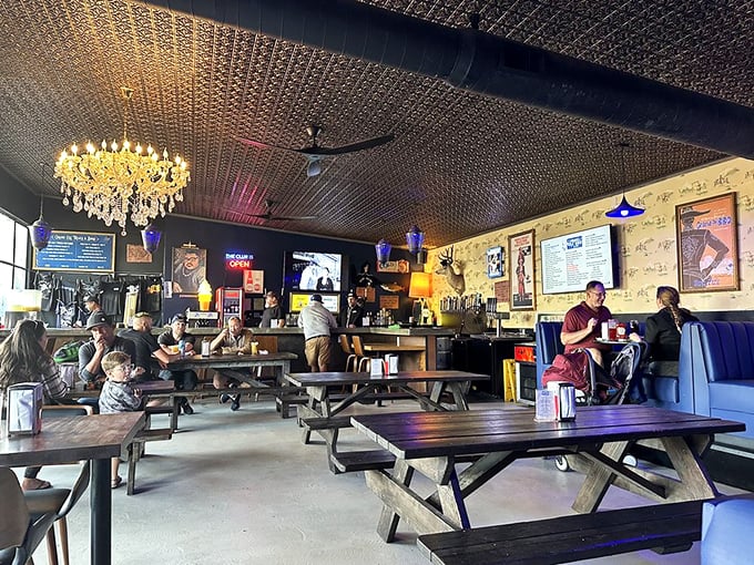 Where chandeliers meet picnic tables. Only in San Diego would fine dining lighting illuminate a temple of smoked meats, creating the world's most perfect contradiction.