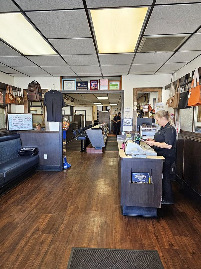 Step inside and you're transported to a simpler time—where wood paneling reigns supreme and the aroma of fresh coffee fills the air.