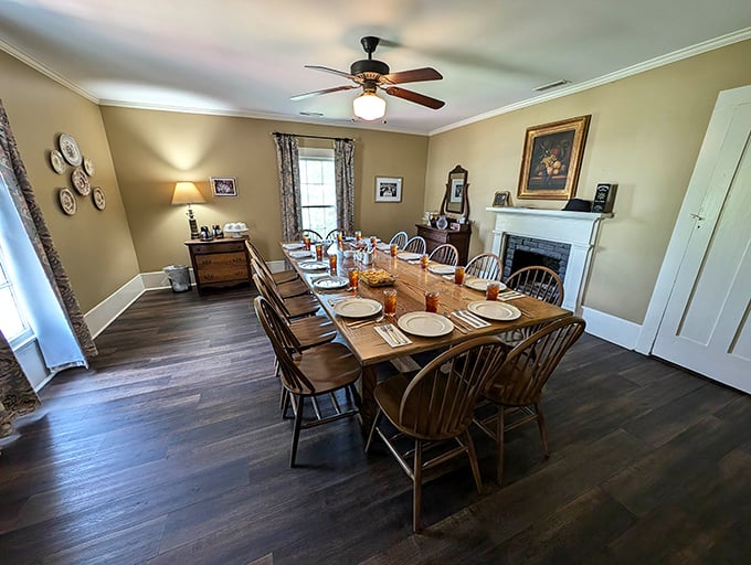 Pull up a Windsor chair at this family-style table where strangers become friends over passed platters and shared stories.