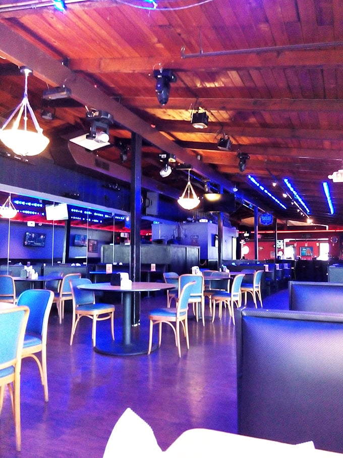 Blue lighting transforms the dining room into an underwater fantasy world, where the only thing more abundant than the decor is the seafood waiting to be devoured.