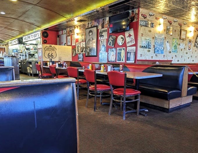 Red vinyl booths and Route 66 memorabilia create the perfect time capsule atmosphere—where conversations flow as freely as the coffee.