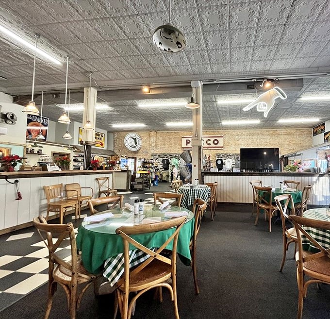 Pressed tin ceilings, checkered floors, and green tablecloths—where time slows down just enough for gravy to reach perfect consistency.